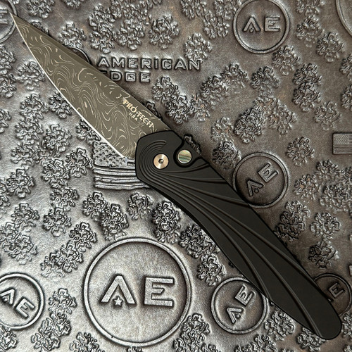 Pro-Tech Newport 3D Wave Black Handle Chad Nichols Damascus Blade Abalone Button | American Edge ...