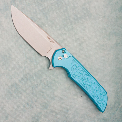 Pro-Tech Mordax Button Lock Flipper Gridlock Textured Tiffany Blue Handle Stonewash Magnacut ...