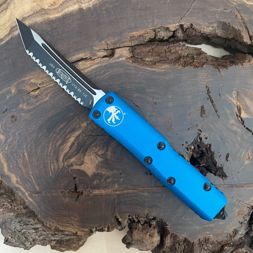 Microtech UTX-85 T/E Blue Handle Black Full Serrated Blade 233-3BL ...