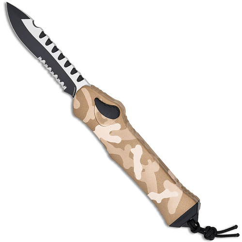 Heretic Knives Hydra Otf Auto Tan Camo Handle Two Tone Serrated Recurve