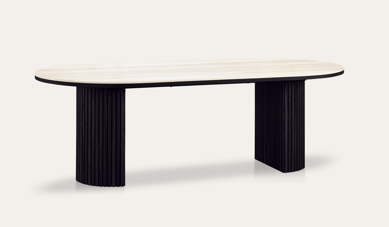Eclipse travertine top dining table black base | Focus on Furniture