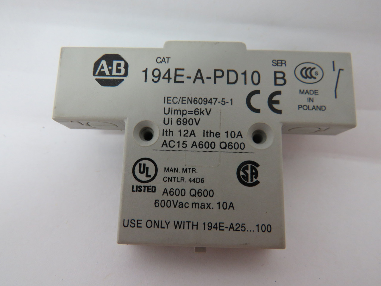 Allen-Bradley 194E-A-PD10 Series B Auxiliary Contact Block Early Break ...