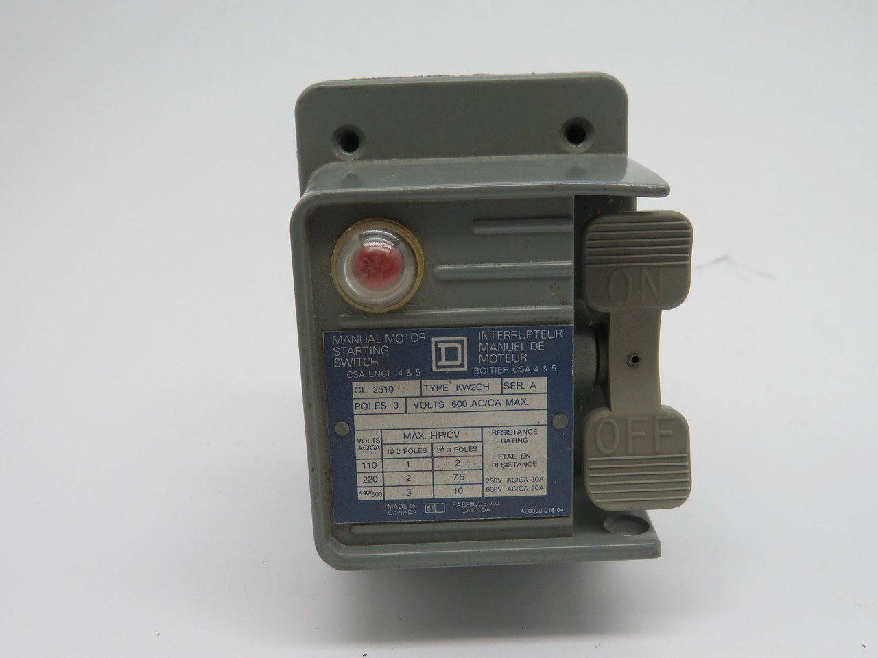 Square D 2510-KW2CH Manual Motor Starter Switch 20A 600V 3Pole USED ...