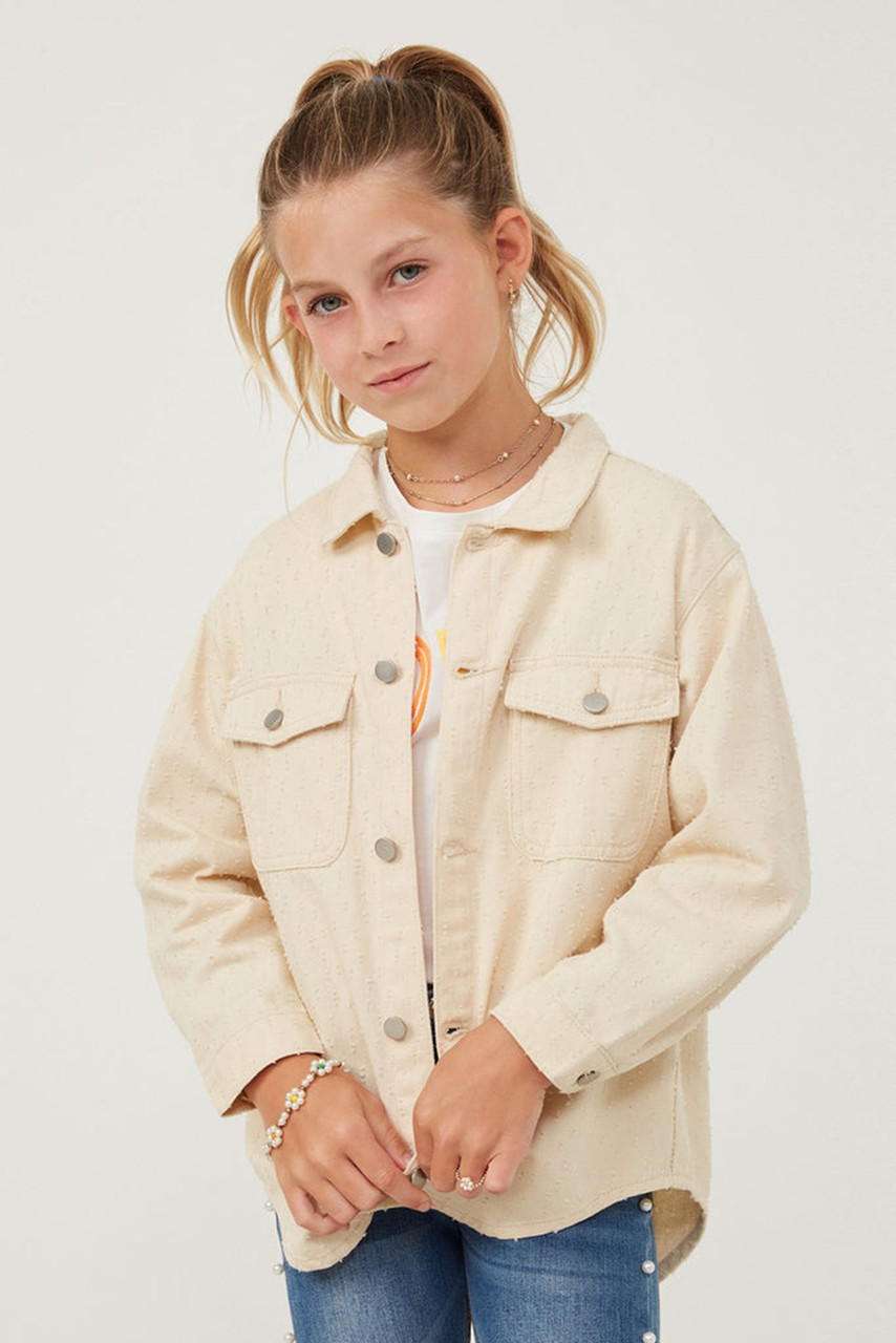 Distressed Detail Cream Button Up Shacket
