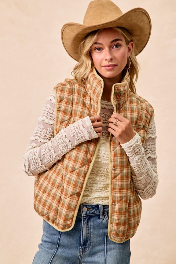 Women's Olive Rust Plaid Piping Detail Quilted Vest