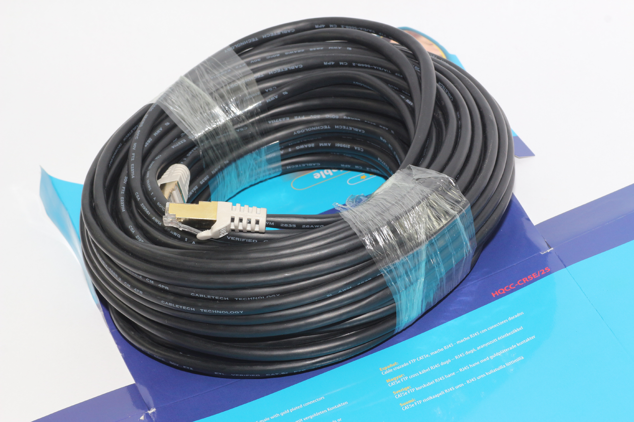 25m Black Cat5e Gold Plated Shielded FTP Network Ethernet Crossover ...