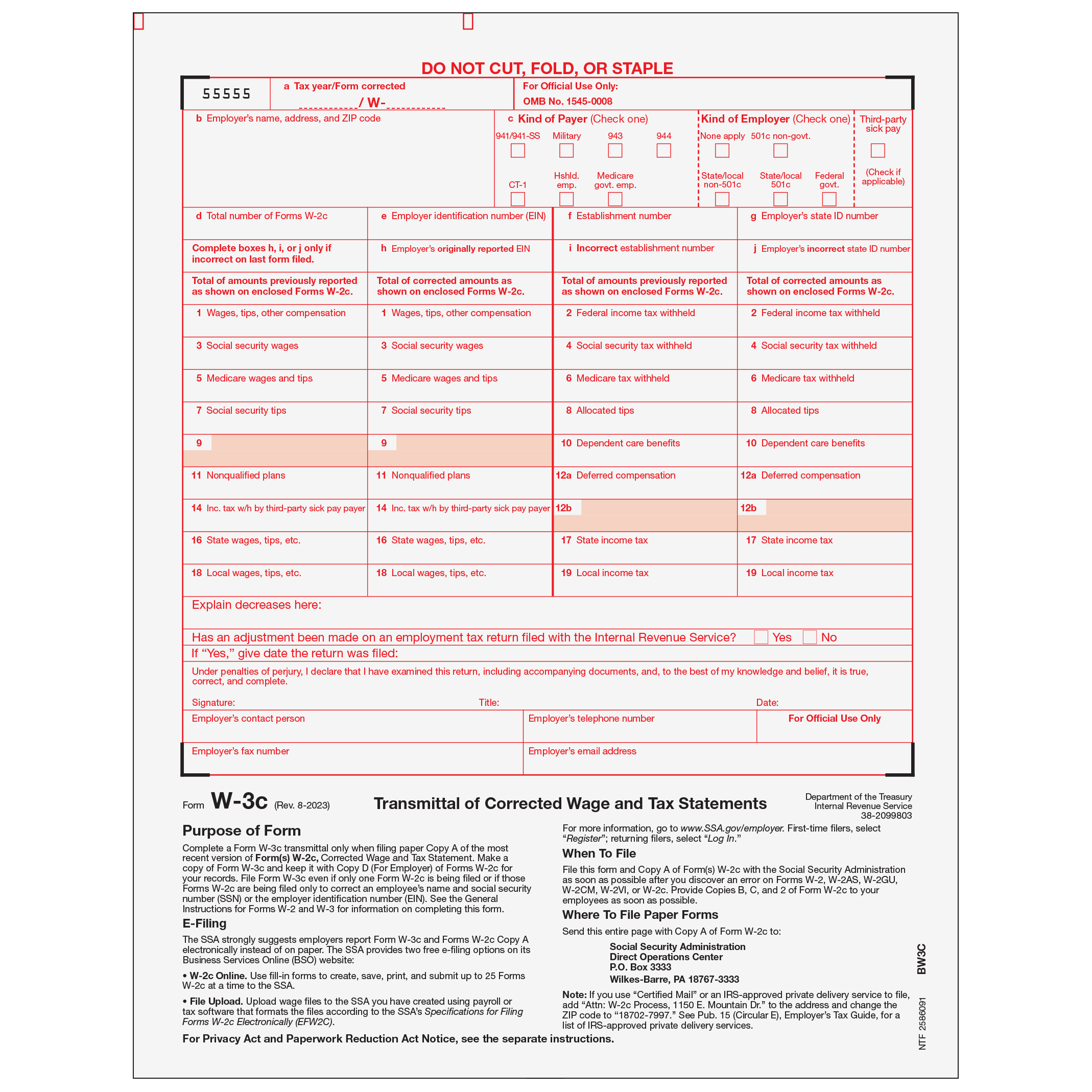 BW3C05 - Form W-3 Corrected Transmittal Employer Federal - BrokerForms.com