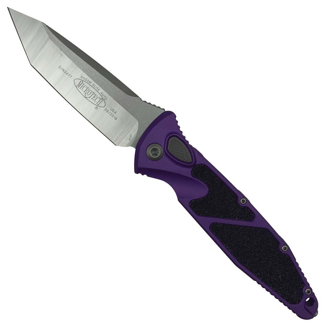 Microtech Purple Socom Elite Tanto Auto Knife, Satin Blade | BladeOps