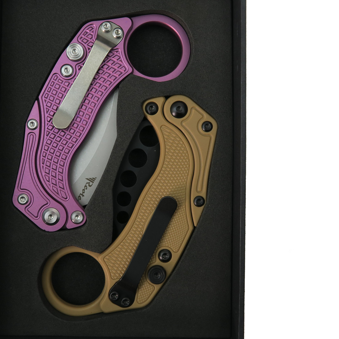 Reate Purple EXO K Gravity Knife, Stonewash Hawkbill Blade | BladeOps