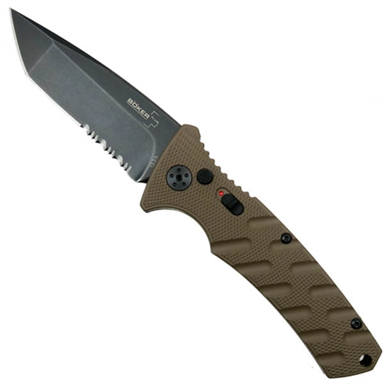 Boker Plus Coyote Brown Strike Tanto Auto, AUS-8 Black/Stonewash Combo Blade