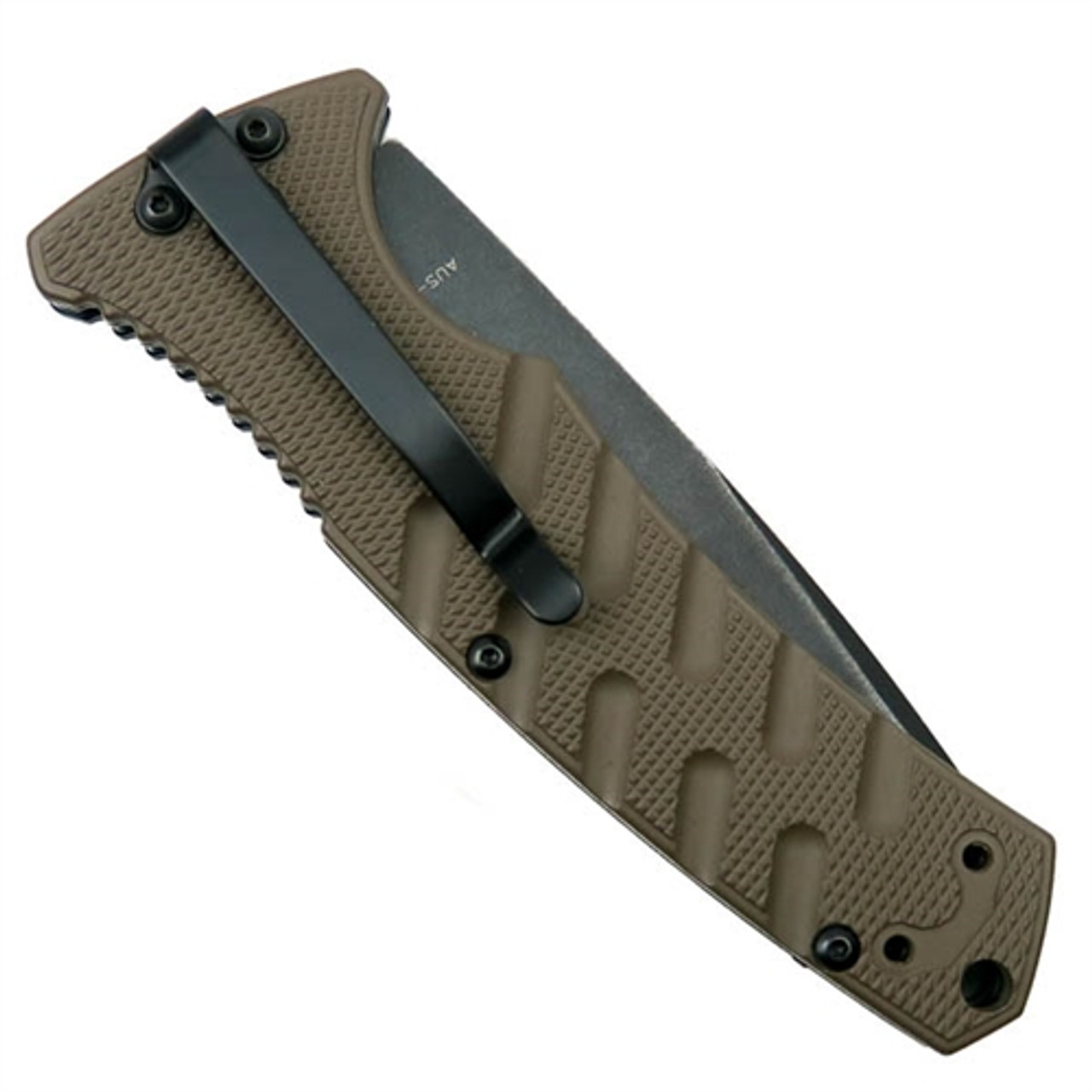Boker Plus Coyote Brown Strike Tanto Auto, AUS-8 Black/Stonewash Combo Blade