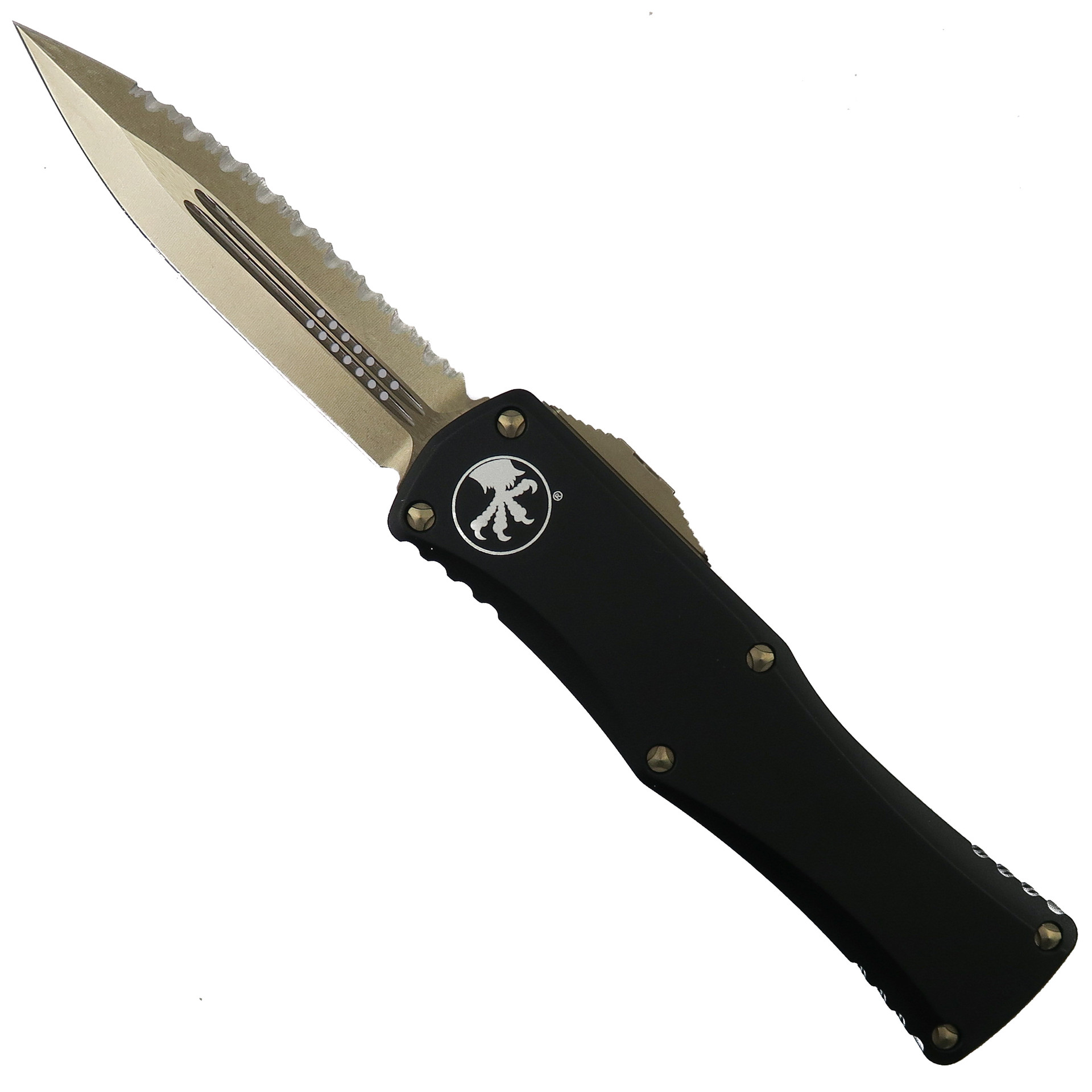 Microtech Hera OTF Knife, Bronzed Fully Serrated Dagger Blade | BladeOps