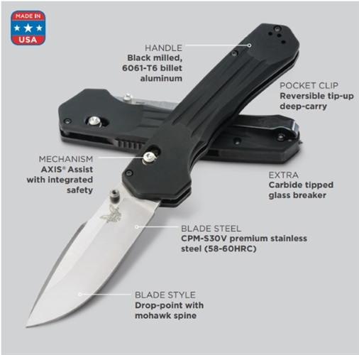 Benchmade 407SBK Vallation Spring Assist Knife, CPM-S30V Black Combo Blade