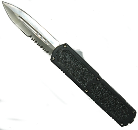 Enforcer OTF Knife, Black Handle, Satin Dagger Blade, Combo Edge