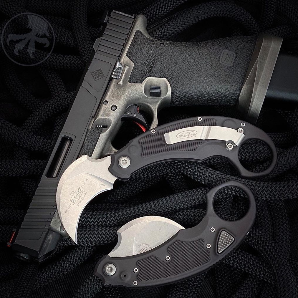 Microtech Iconic Karambit Auto Knife, Stonewash Blade | BladeOps