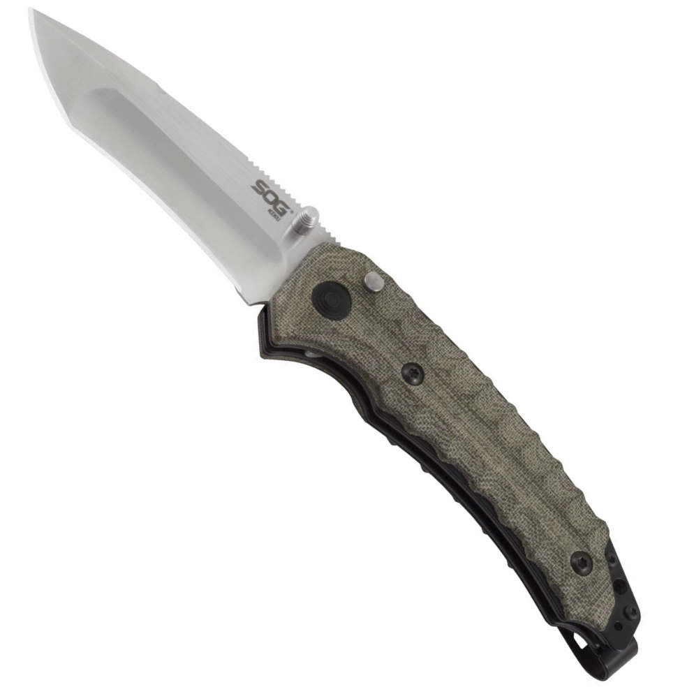 SOG Linen Micarta Kiku Spring Assist Knife, S35VN Satin Blade | BladeOps