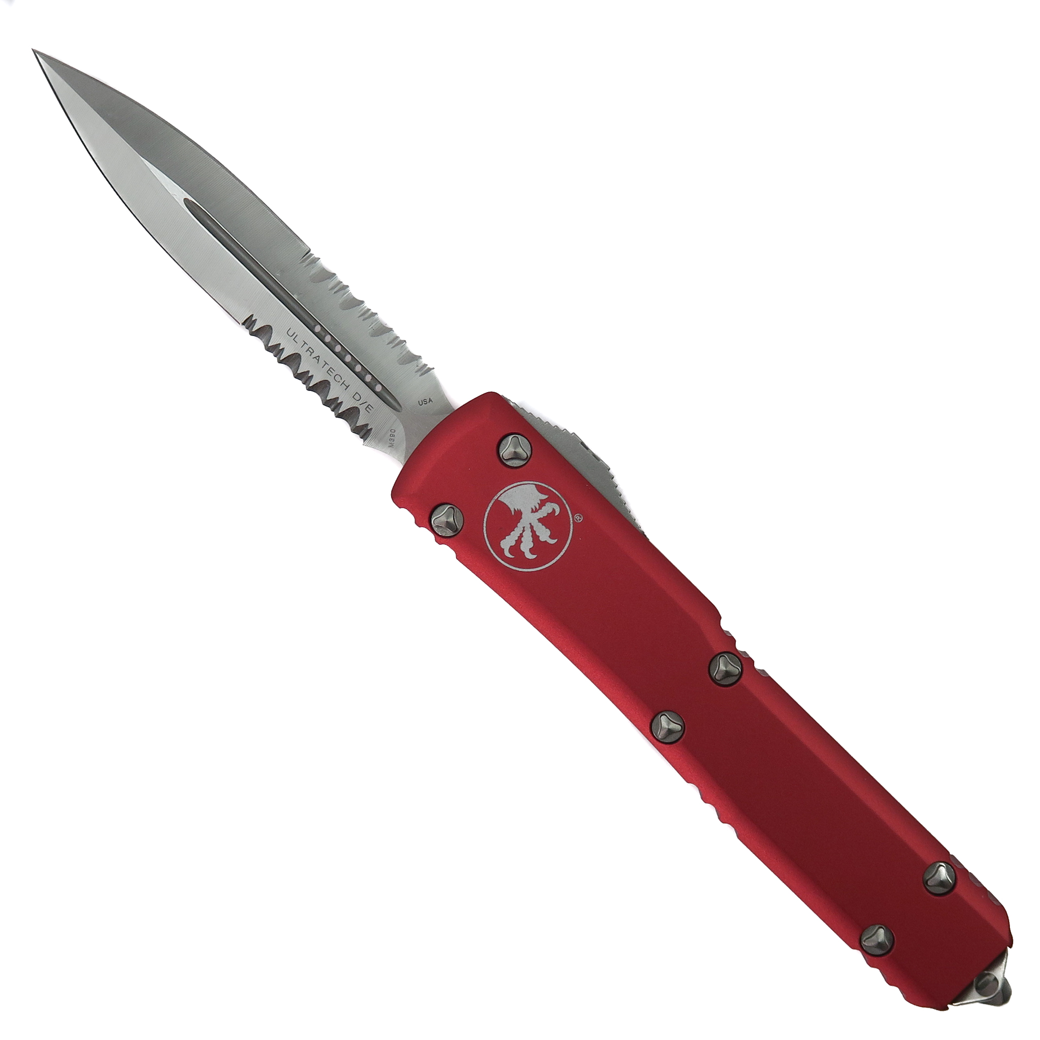 Microtech Red Contoured Ultratech OTF Auto Knife, Satin Combo Dagger ...
