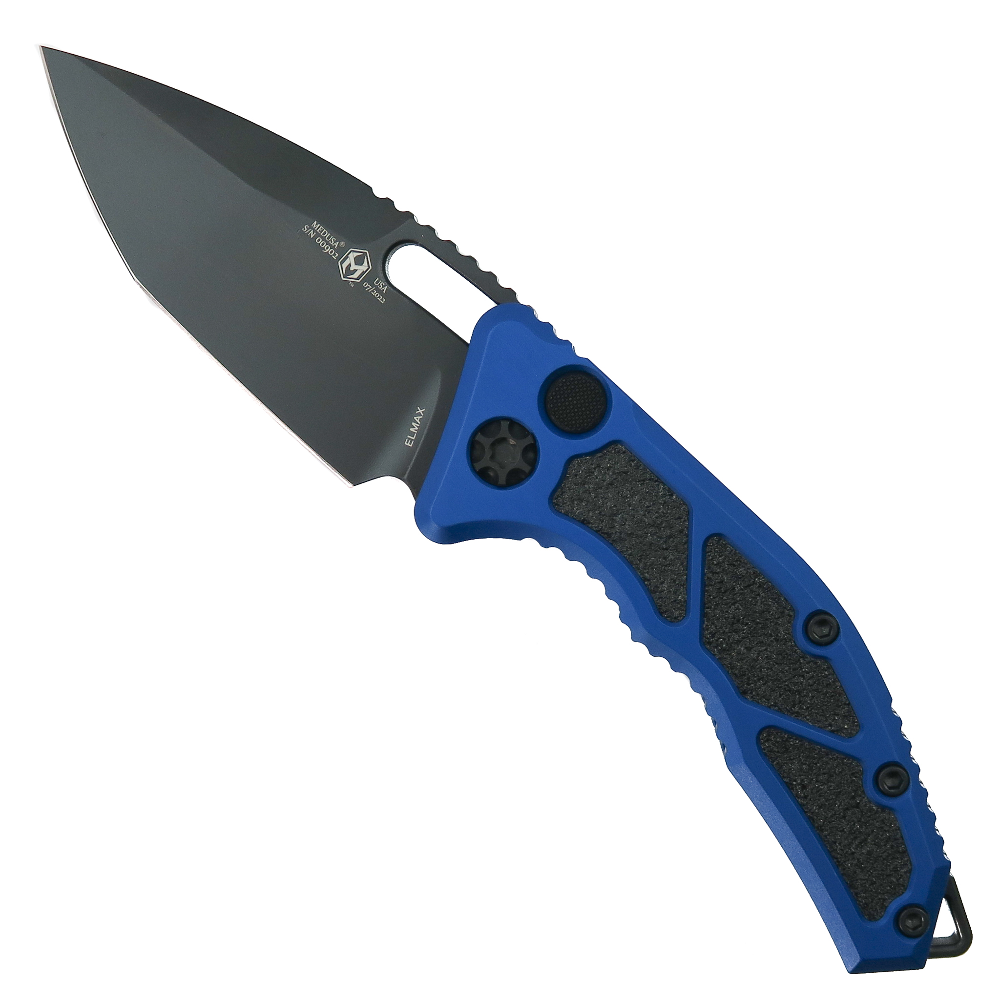 Heretic Knives Blue Medusa Auto Knife, Tanto Black Blade | BladeOps