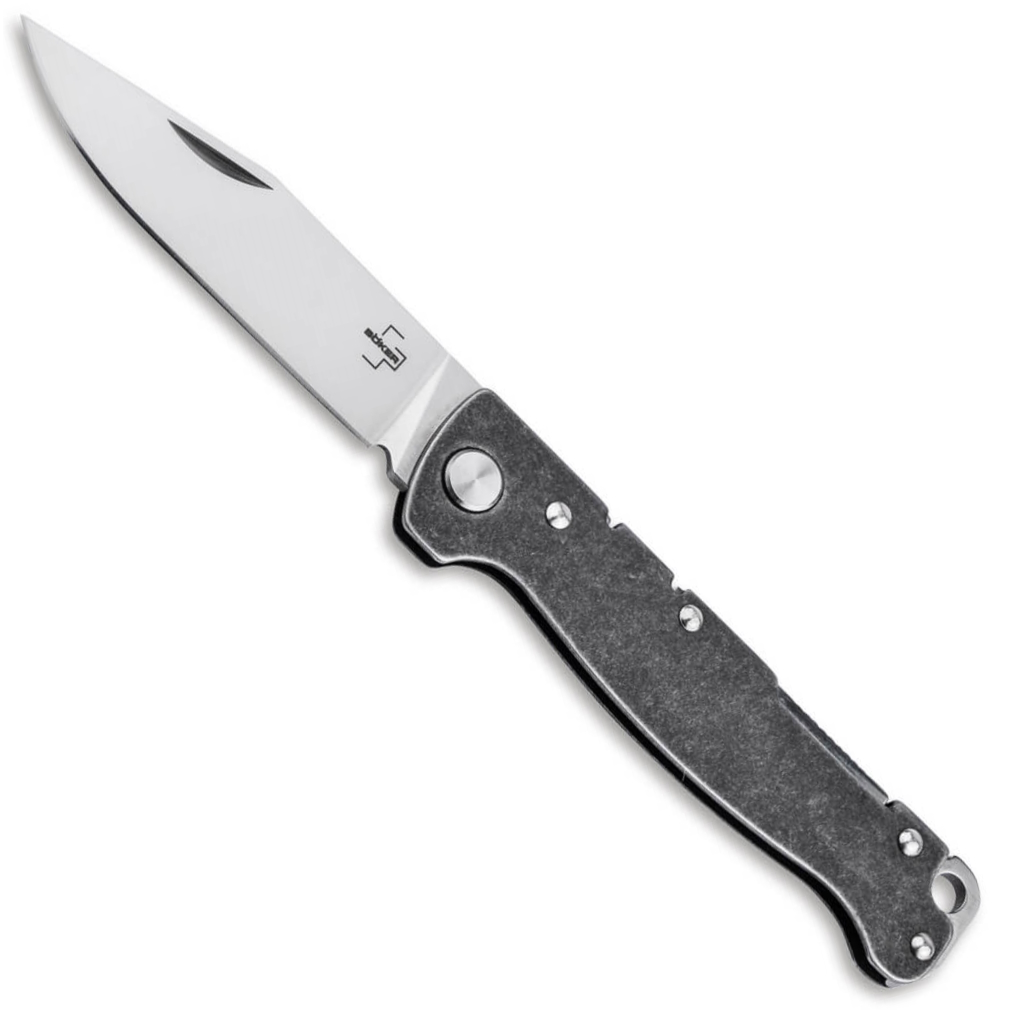 Boker Plus Atlas Backlock Knife, Satin Clip Point Blade | BladeOps