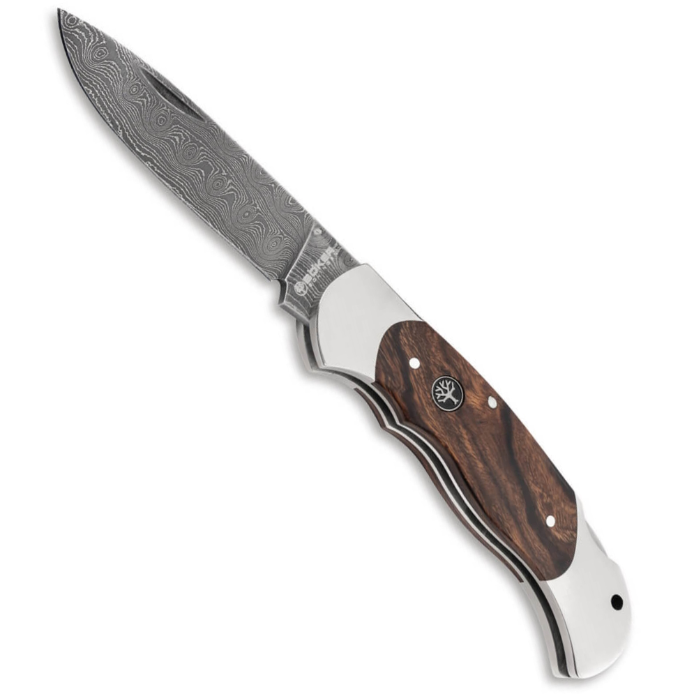 Boker Optima Ironwood Folding Hunting Knife, Damascus Blade | BladeOps