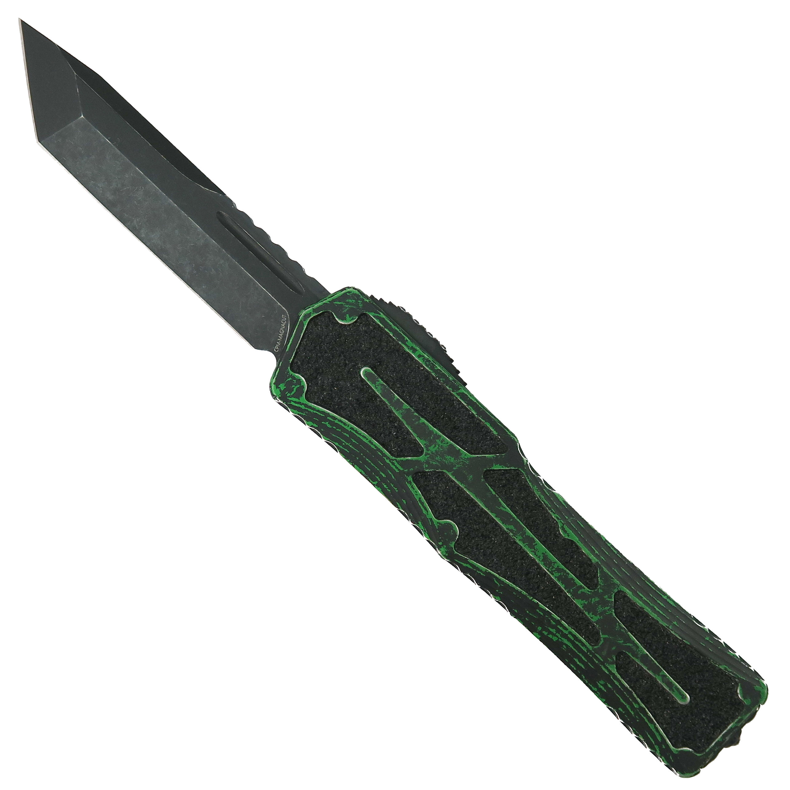 Heretic Knives Breakthrough Green Colossus OTF Knife, Black Tanto Blade | BladeOps