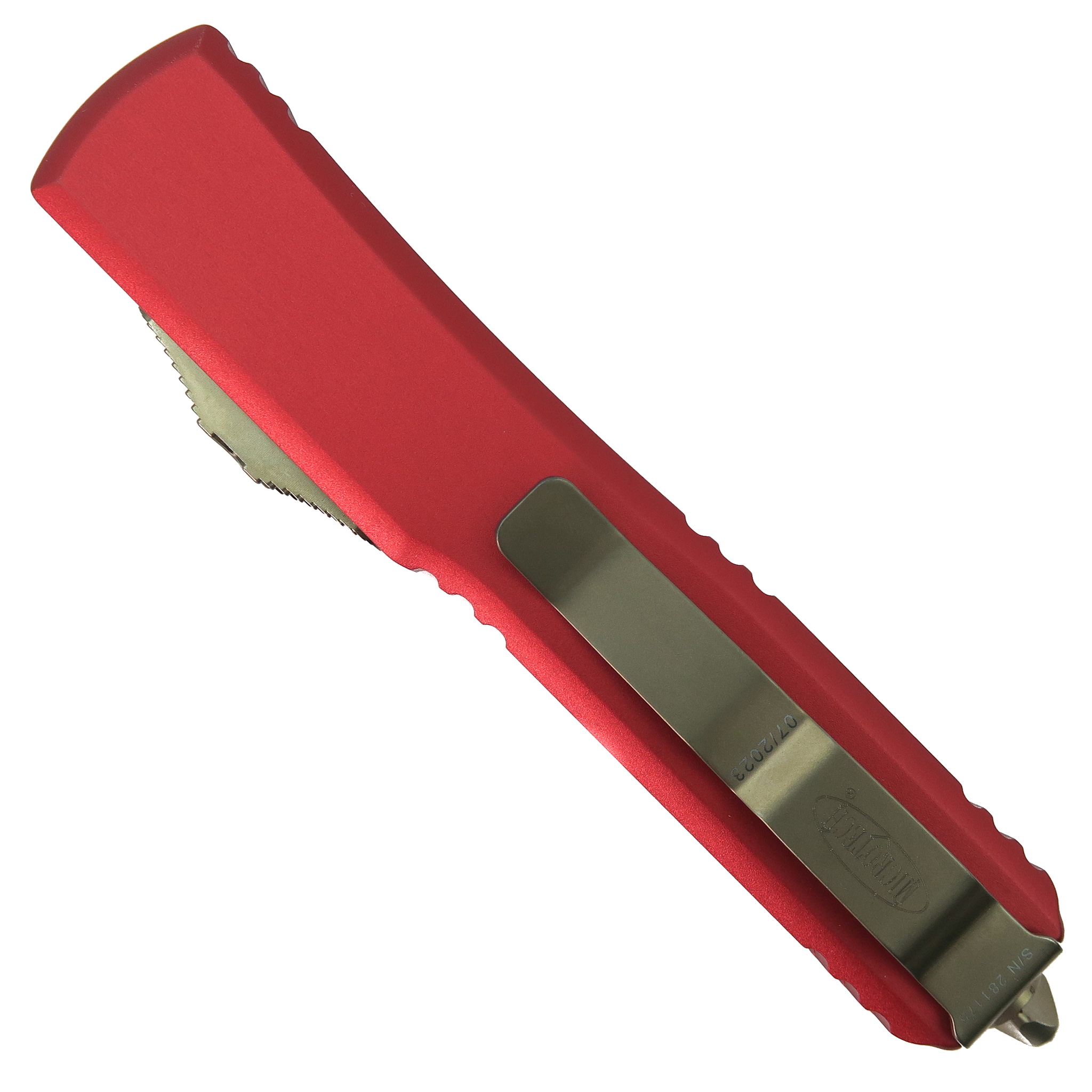 Microtech Ultratech Red OTF Auto Knife, Bronze Apocalyptic Combo Blade ...