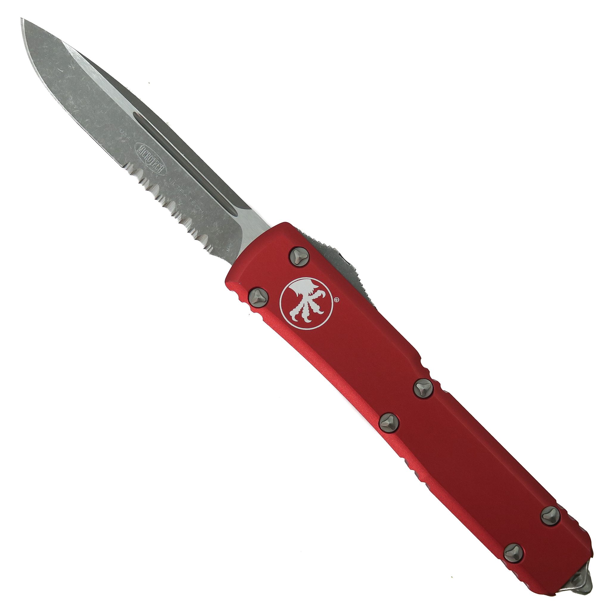 Microtech Ultratech Red OTF Auto Knife, Apocalyptic Combo Blade | BladeOps