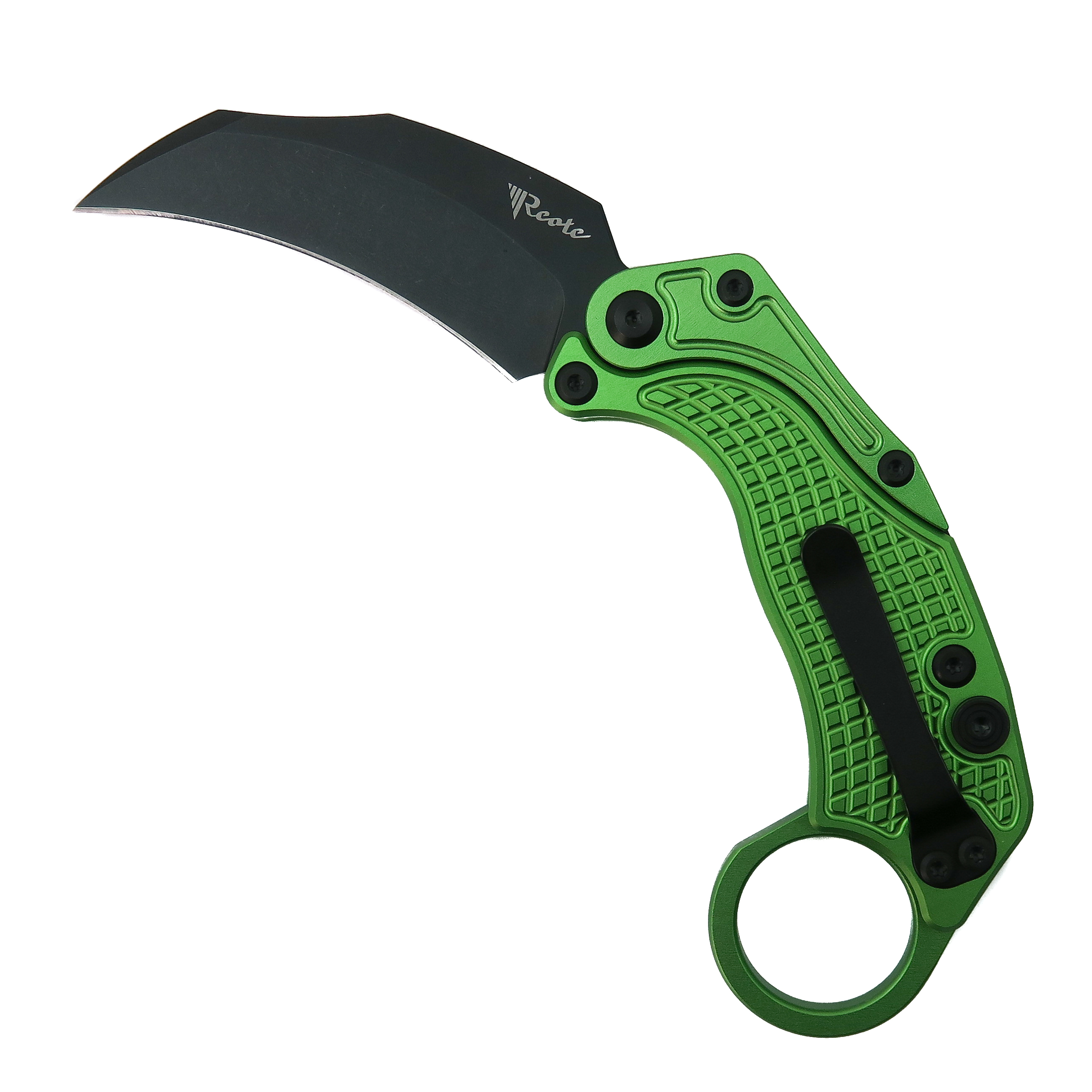 Reate Green EXO K Gravity Knife, Black PVD Hawkbill Blade | BladeOps
