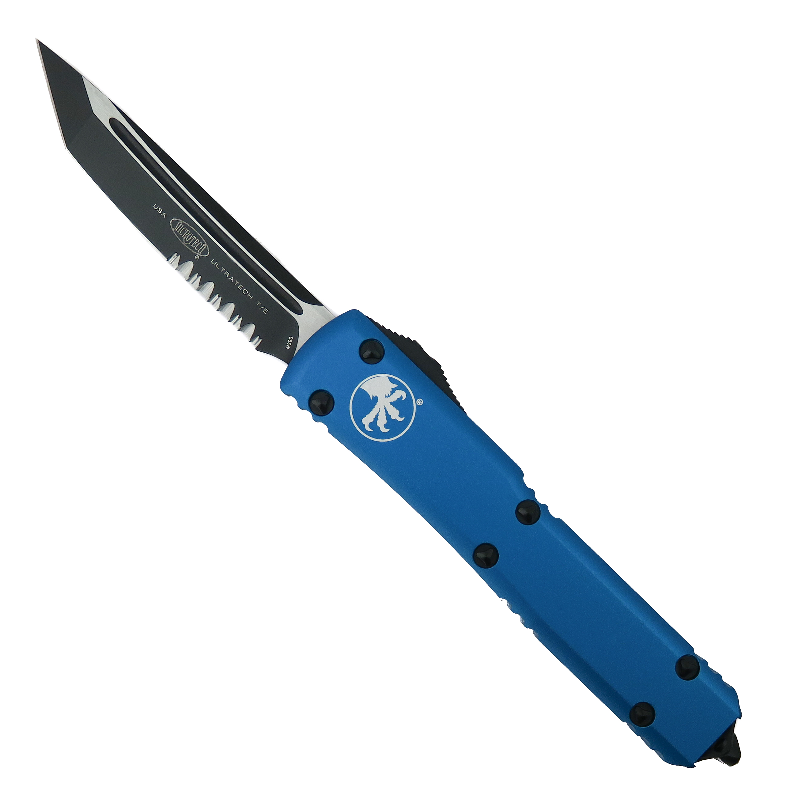 Microtech Blue Ultratech OTF Knife, Black Tanto Combo Blade | BladeOps