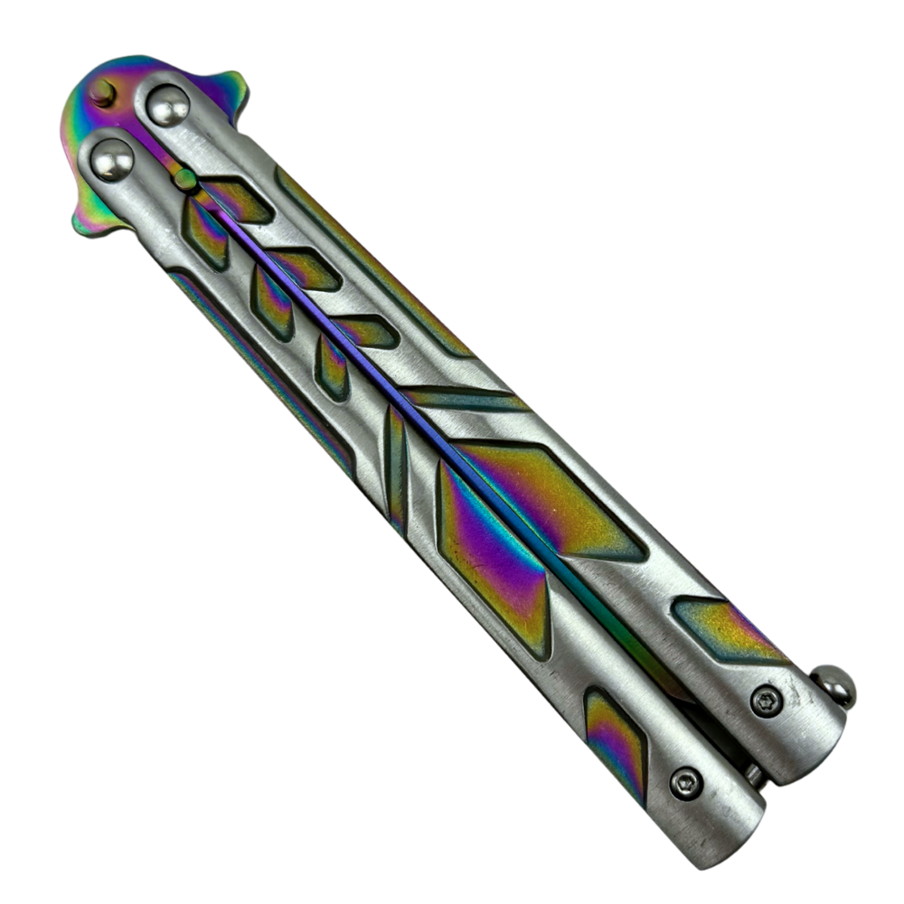 Two-Tone Silver and Rainbow Butterfly Knife, Satin Spear Point Blade ...