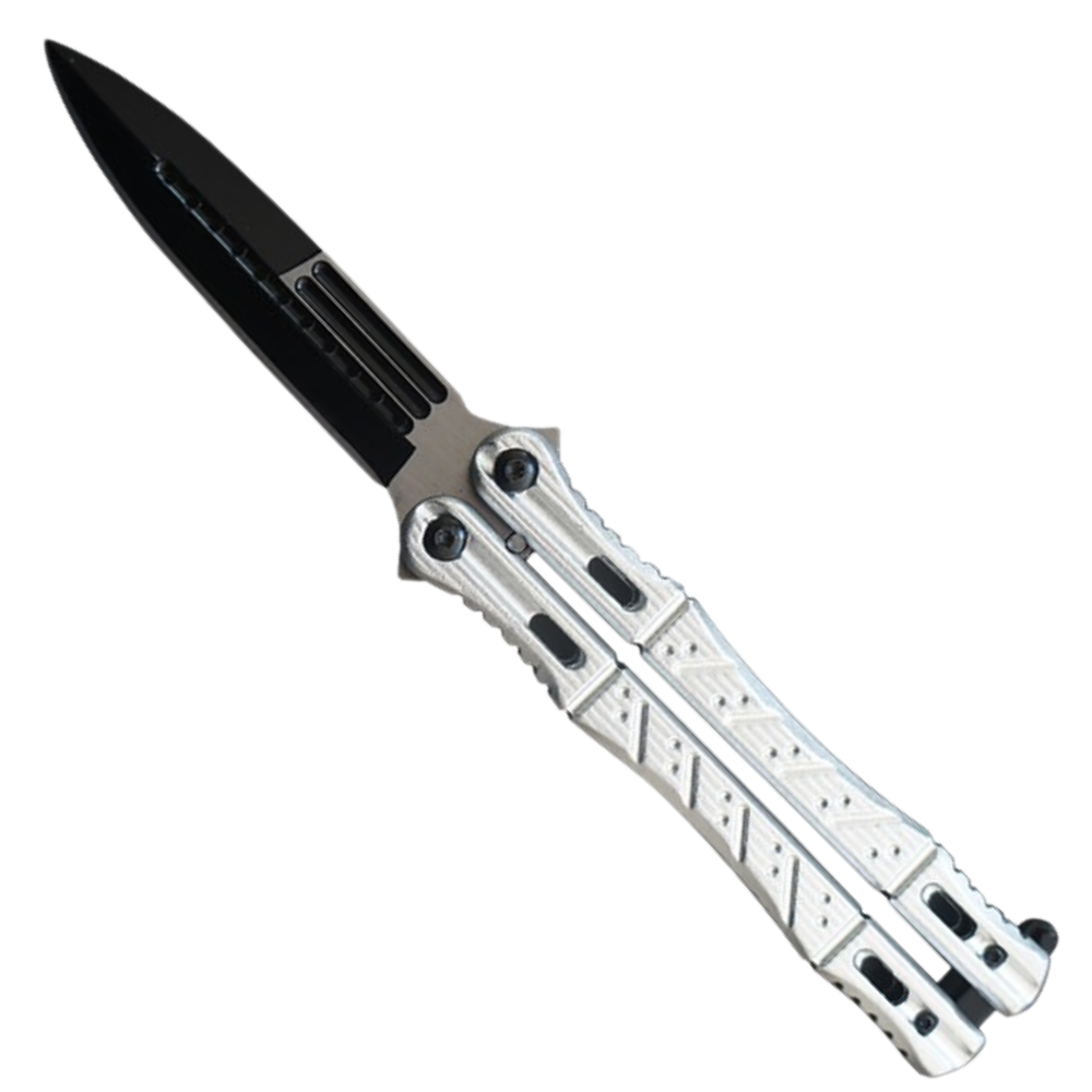 Tactical Silver Aluminum Butterfly Knife, Black Spear Point Blade ...