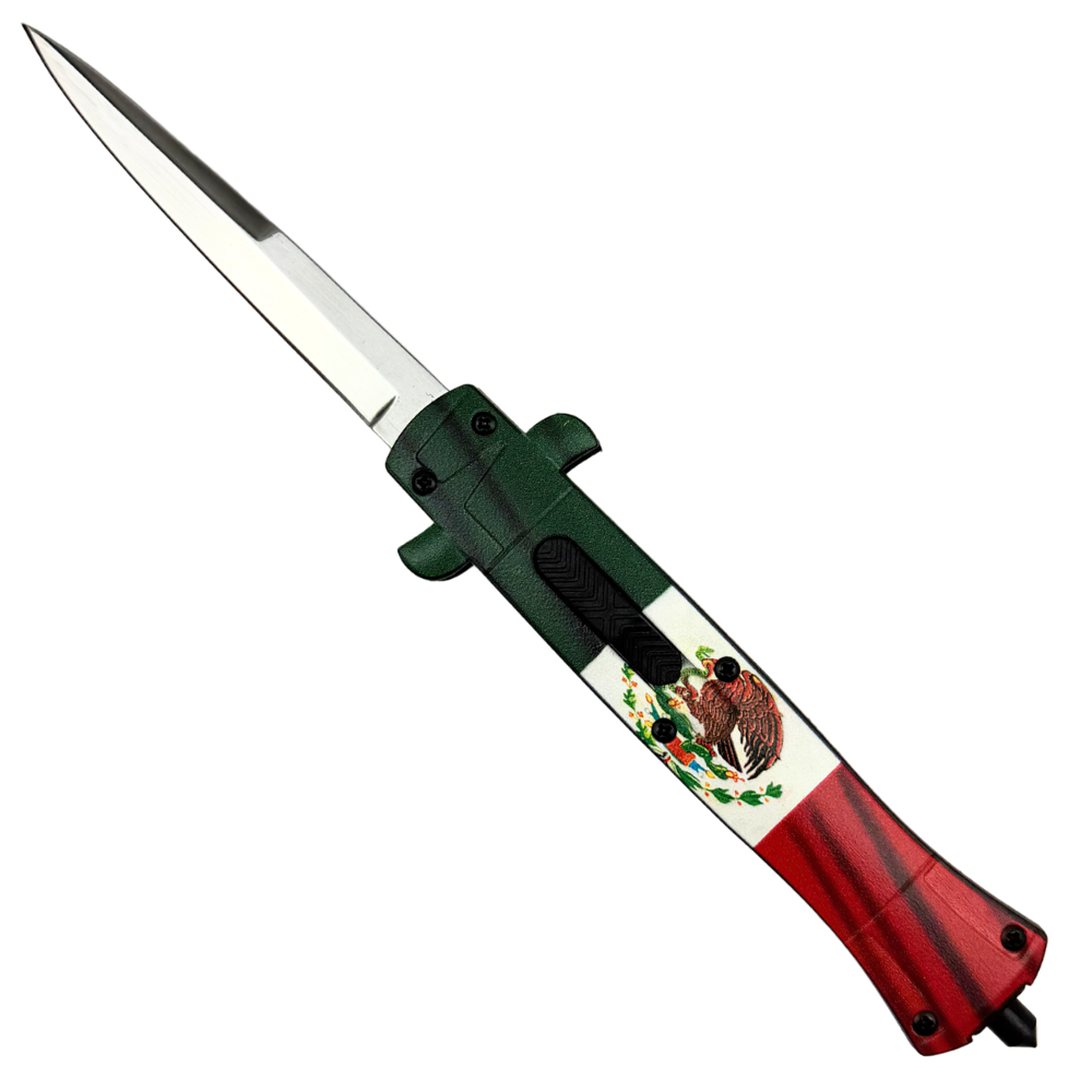 Mexican Bandera Flag Stiletto OTF Auto Knife, Satin Dagger Blade | Bladeops