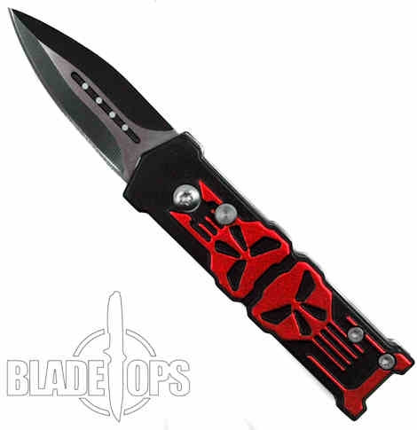Punisher Mini Auto, Red Handle, Black Blade