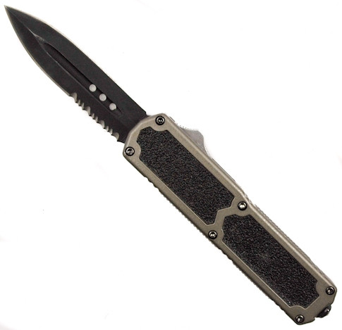 Enforcer OTF Knife, Grey Handle, Black Dagger Blade, Combo Edge