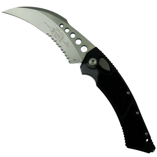 Microtech Hawk Auto Knife, Stonewash Part Serrated Blade | BladeOps