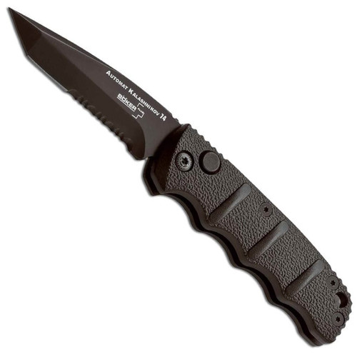 Boker Mini Kalashnikov Auto Knife, D2 Black Combo Tanto Blade | BladeOps