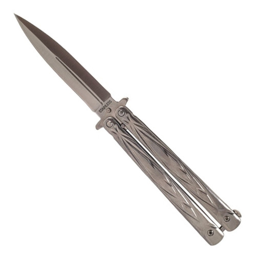 Dagger Style Black Butterfly Knife, Silver Blade | Bladeops