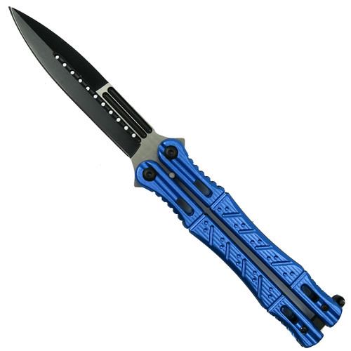 Tactical Blue Aluminum Butterfly Knife, Black Spear Point Blade | Bladeops