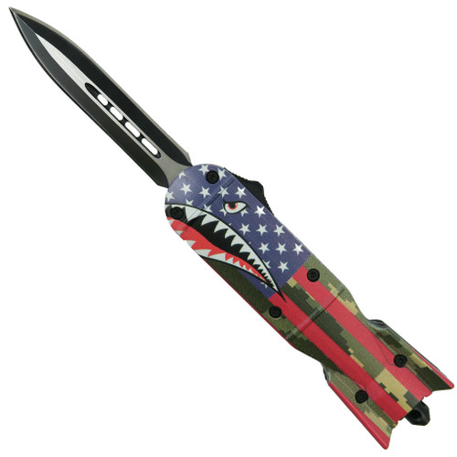 The Bomb OTF Green Camo Red Flag Automatic Knife, Two-Tone Blade | Bladeops
