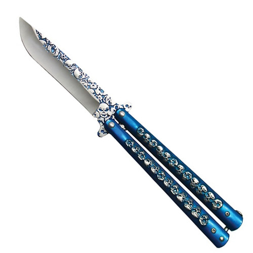 Skullstrike Specter 3D Skull Blue Balisong, Faux Drop Point Blade ...