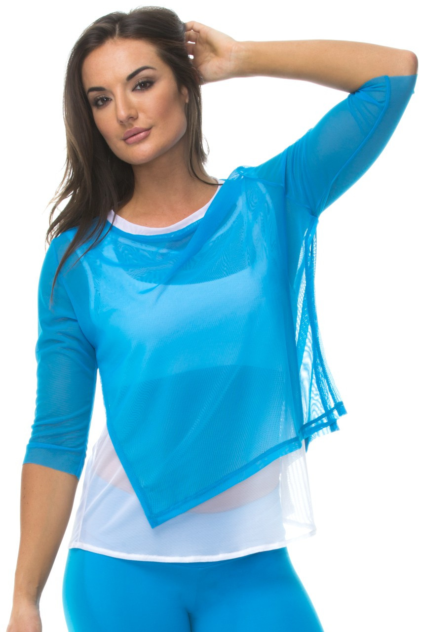 Double Layer Open Side Mesh 3/4 Sleeve Top - Rogiani Inc