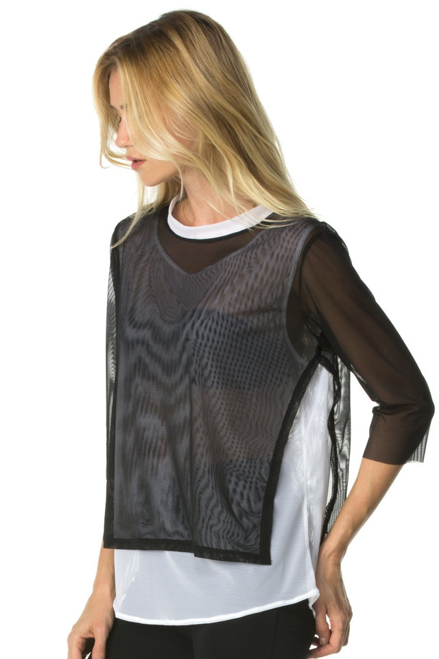Double Layer Open Side Mesh 3/4 Sleeve Top - Rogiani Inc