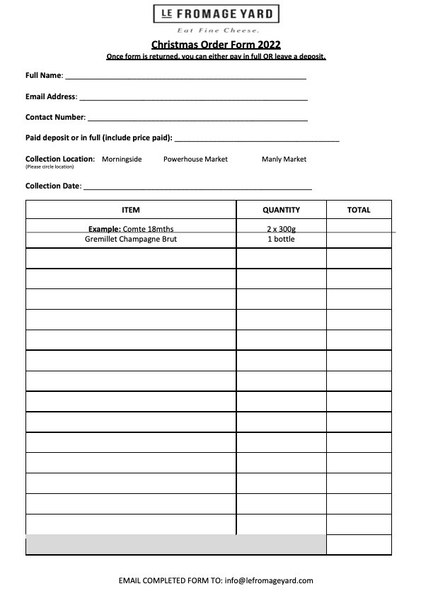 Christmas PRE ORDER forms 2022 - Le Fromage Yard