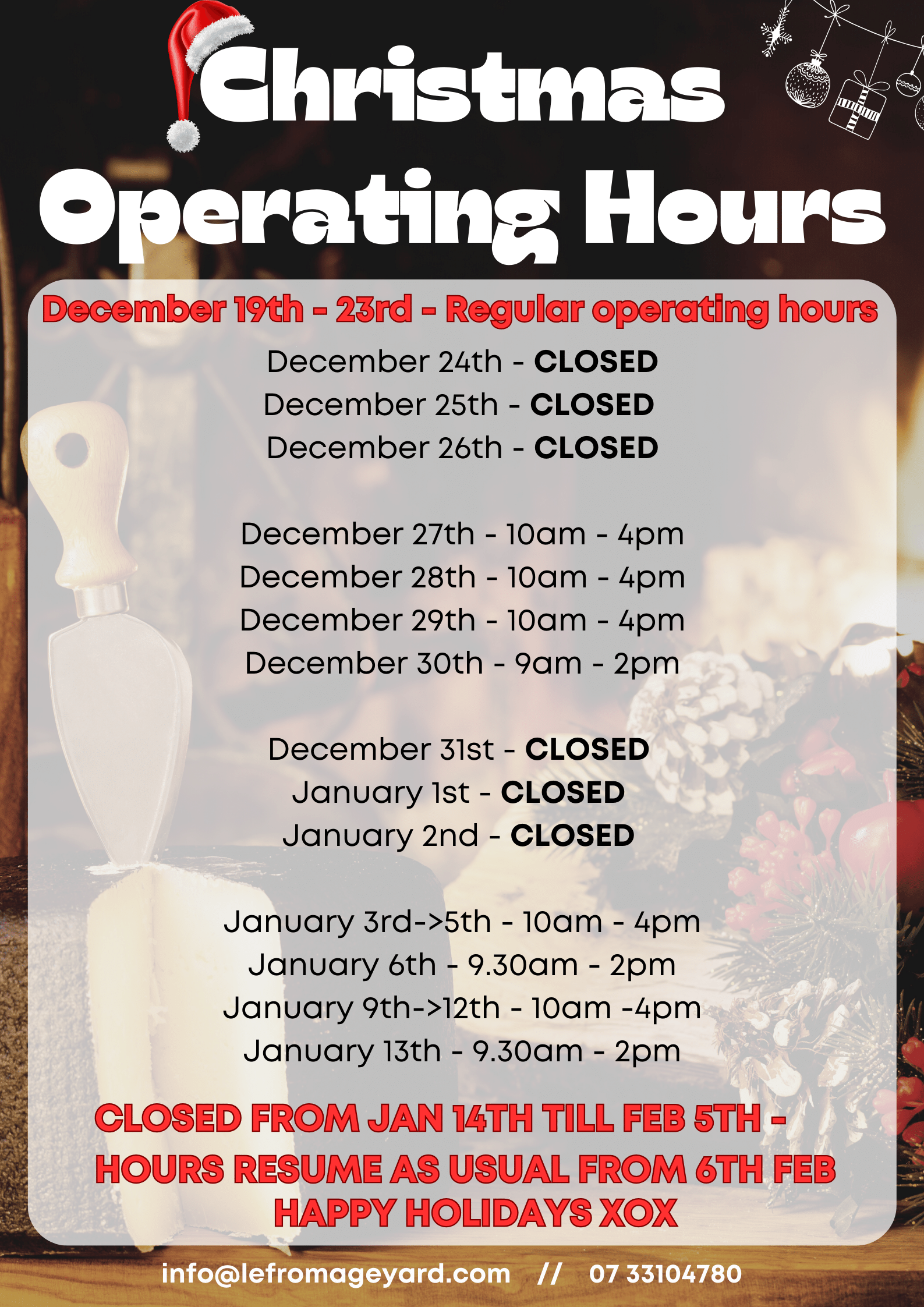 Christmas Operating hours 2023 - Morningside Shop - Le Fromage Yard