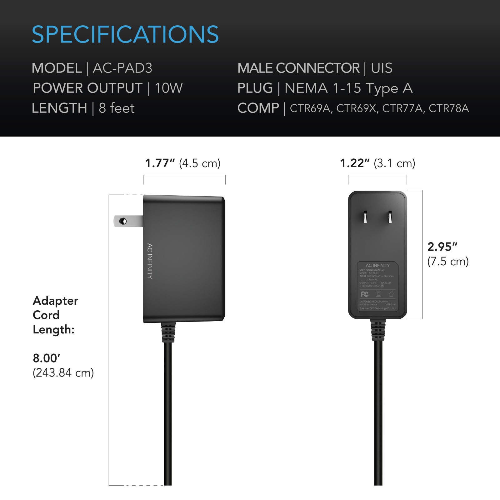 UIS Power Adapter, Outlet Plug with Charger Cable Cord - AC Infinity