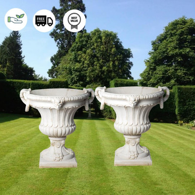 Pair ring handle garden vases | Garden Pot With Faun | White Stone ...