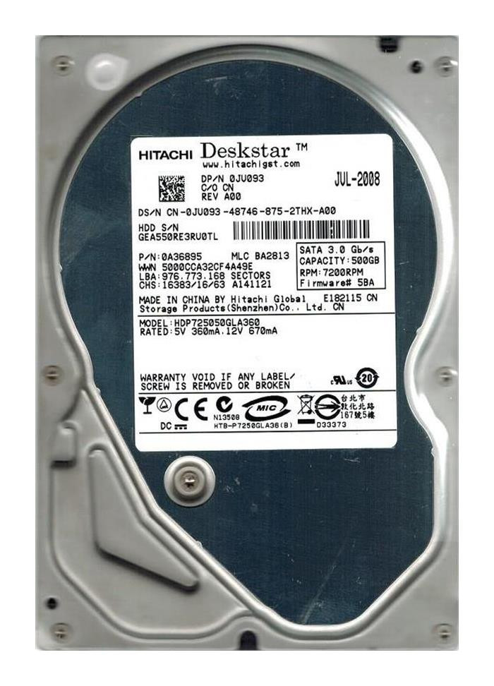 Hitachi Deskstar HDP725050GLA3 500GB 7200rpm SATA 3Gbps 3.5in Hard Drive