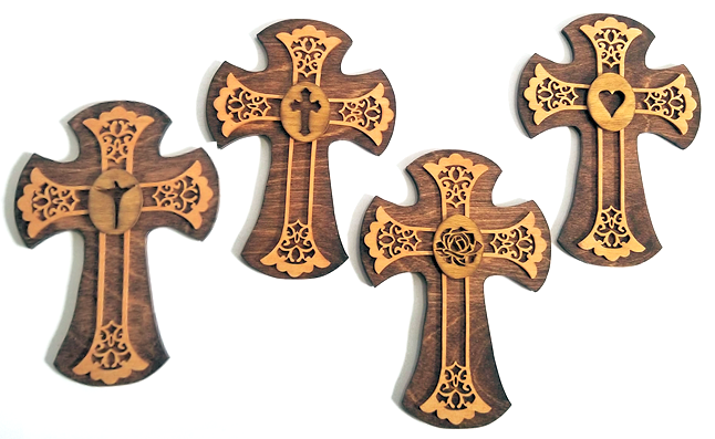 Layered cross with symbol overlays