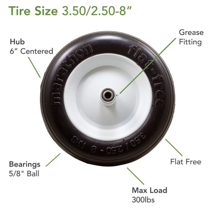 Marathon Centered Flat Free Wheelbarrow Tire 300 lb Capacity - 8 in ...