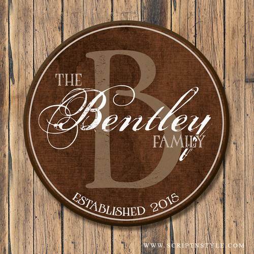 Round Personalized Family Name Wood Sign With Monogram